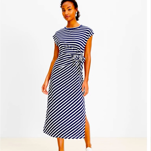 LOFT | Dresses | Loft Stripe Knotted Cap Sleeve Midi Dress | Poshmark